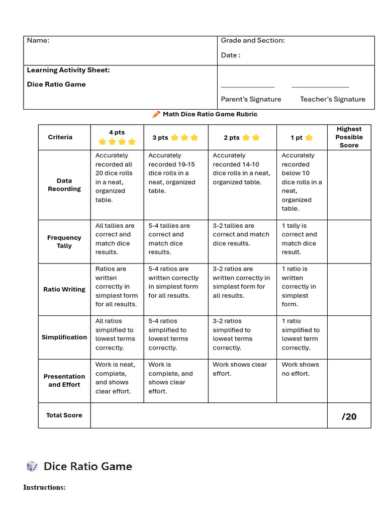 2 Rubric in Dice Ratio Game | PDF | Ratio