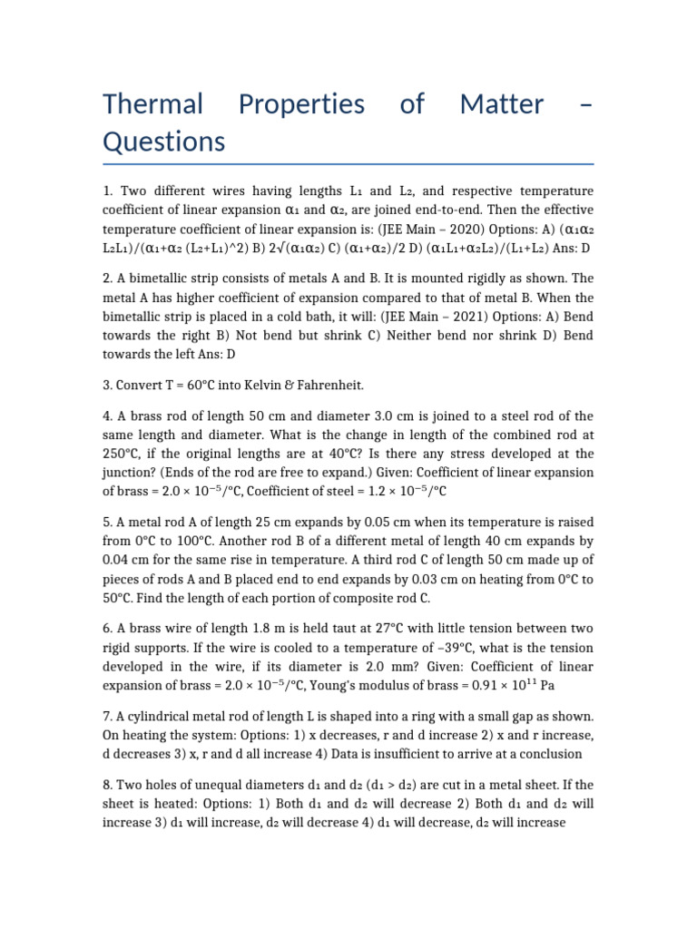 Thermal - Properties - of Matter Questions | PDF | Thermal Expansion ...