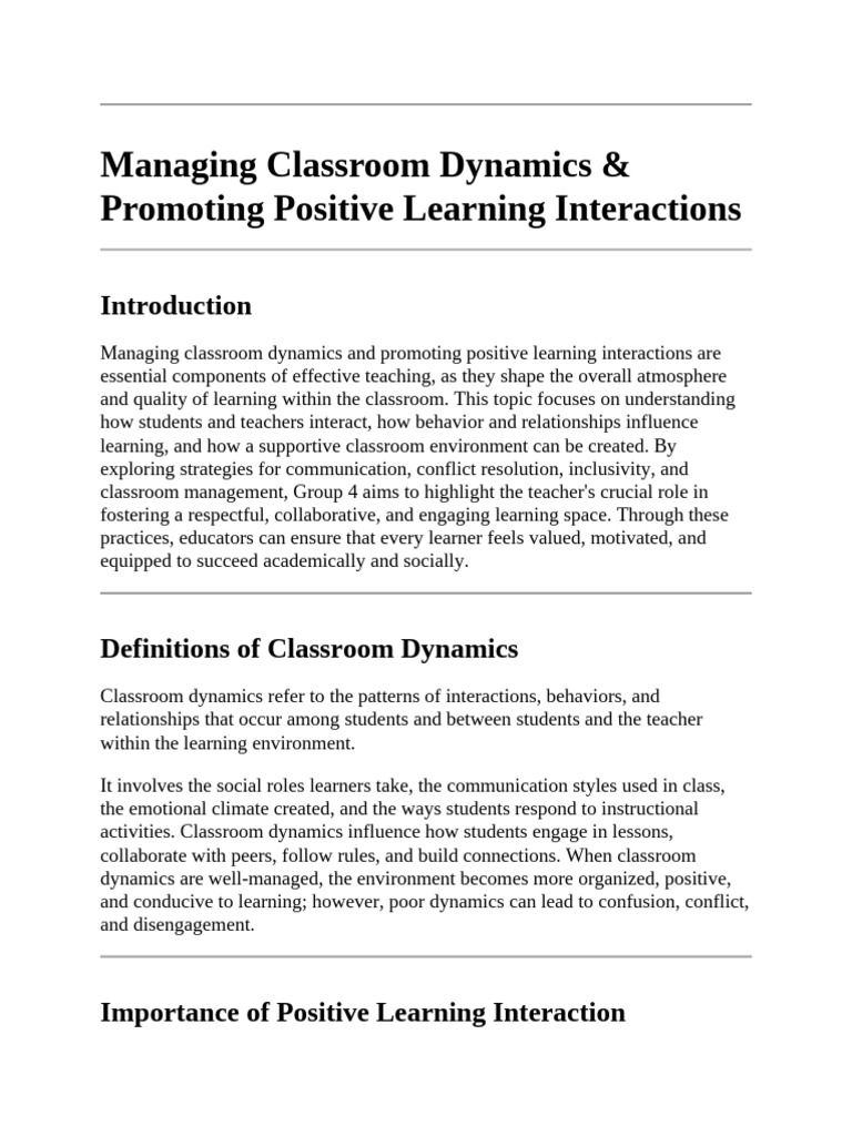 Enhancing Classroom Dynamics for Learning | PDF | Learning | Classroom ...