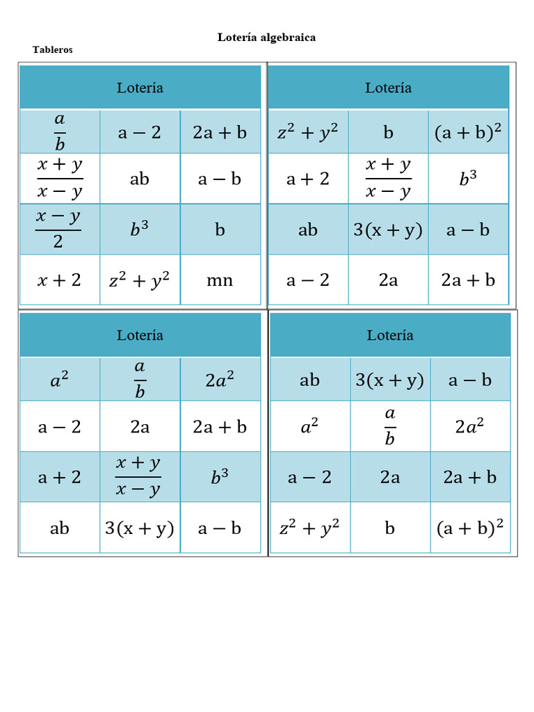 Lotería Algebraica: Tableros y Cartas | PDF