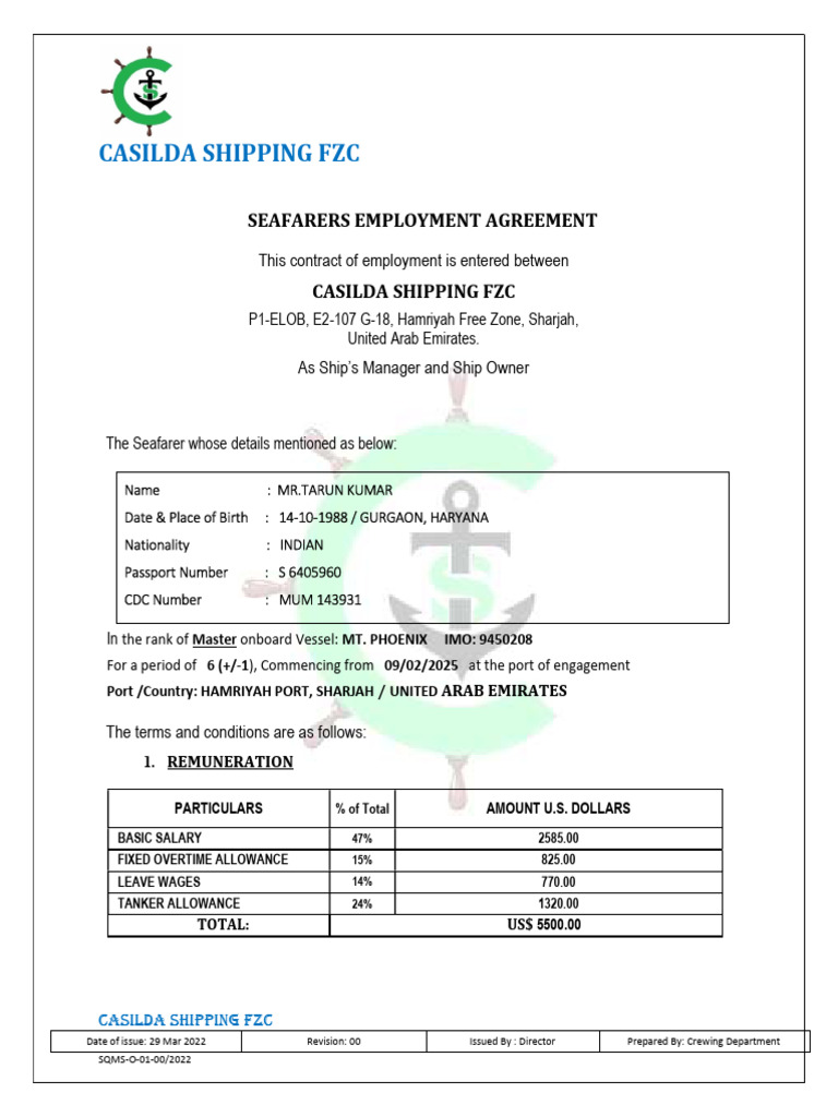 Seafarers Employment Agreement Template | PDF | Sailor | Employment