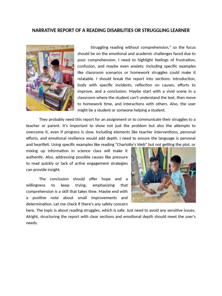 Narrative Report of A Reading Disabilities or Struggling Learner | PDF
