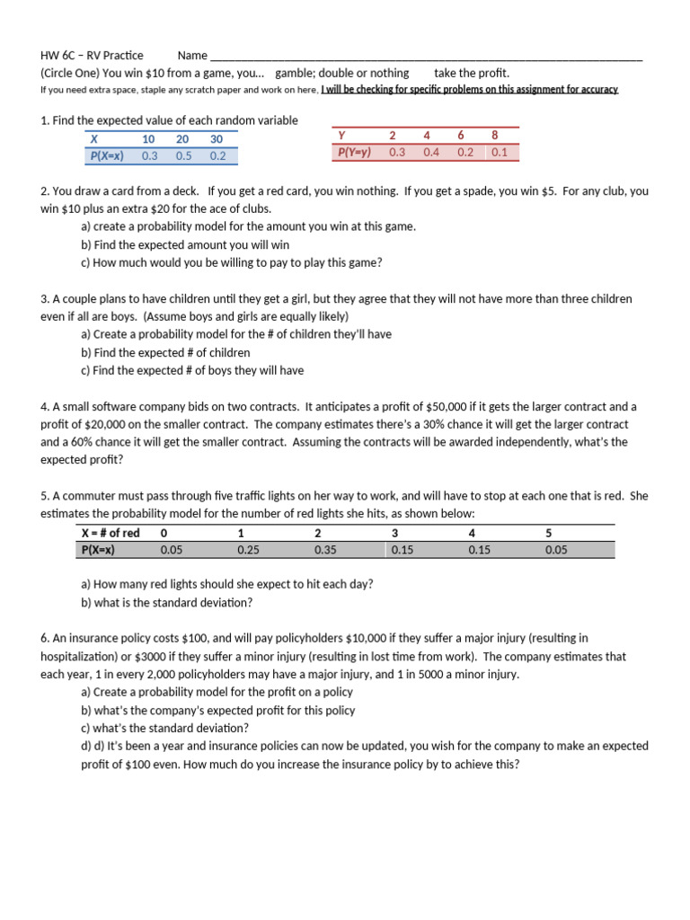 RV Practice: Expected Value & Probability | PDF | Standard Deviation ...