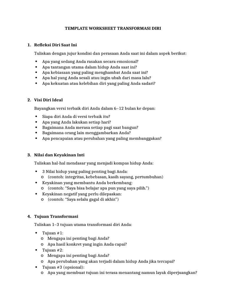 Template Worksheet Transformasi Diri | PDF