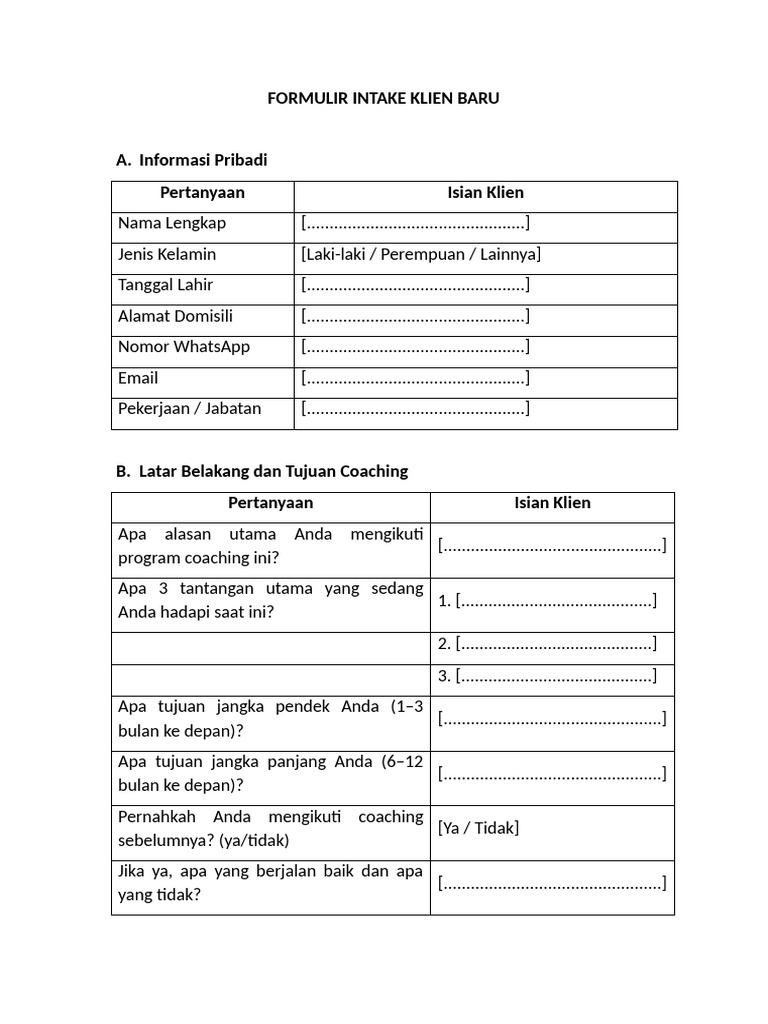 Formulir Intake Klien Coaching | PDF