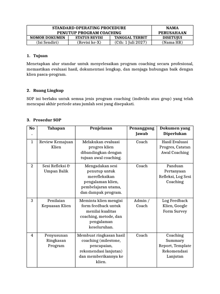 SOP Penutupan Program Coaching | PDF