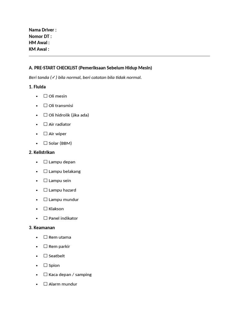 Checklist Operasional Kendaraan Berat | PDF