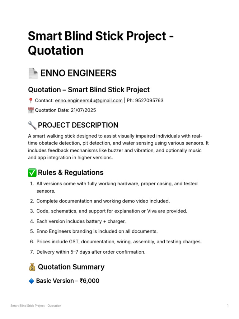 Smart Blind Stick Project Quotation | PDF | Electrical Engineering