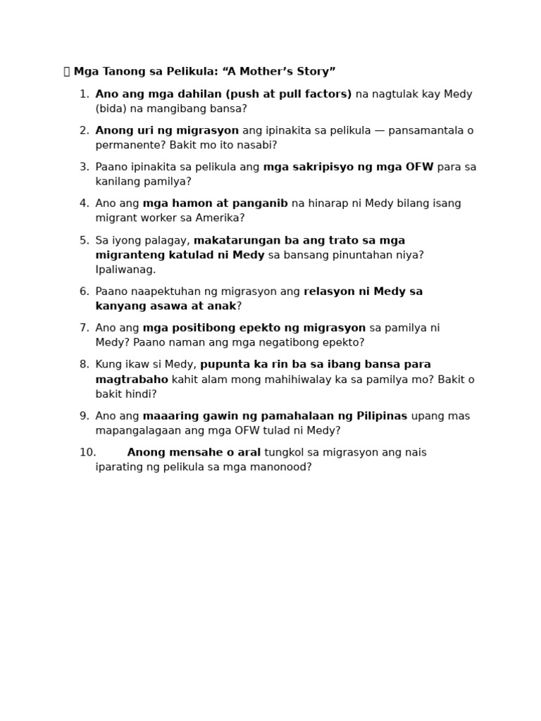 ? Mga Tanong Sa Pelikula (A Mother's Story) | PDF