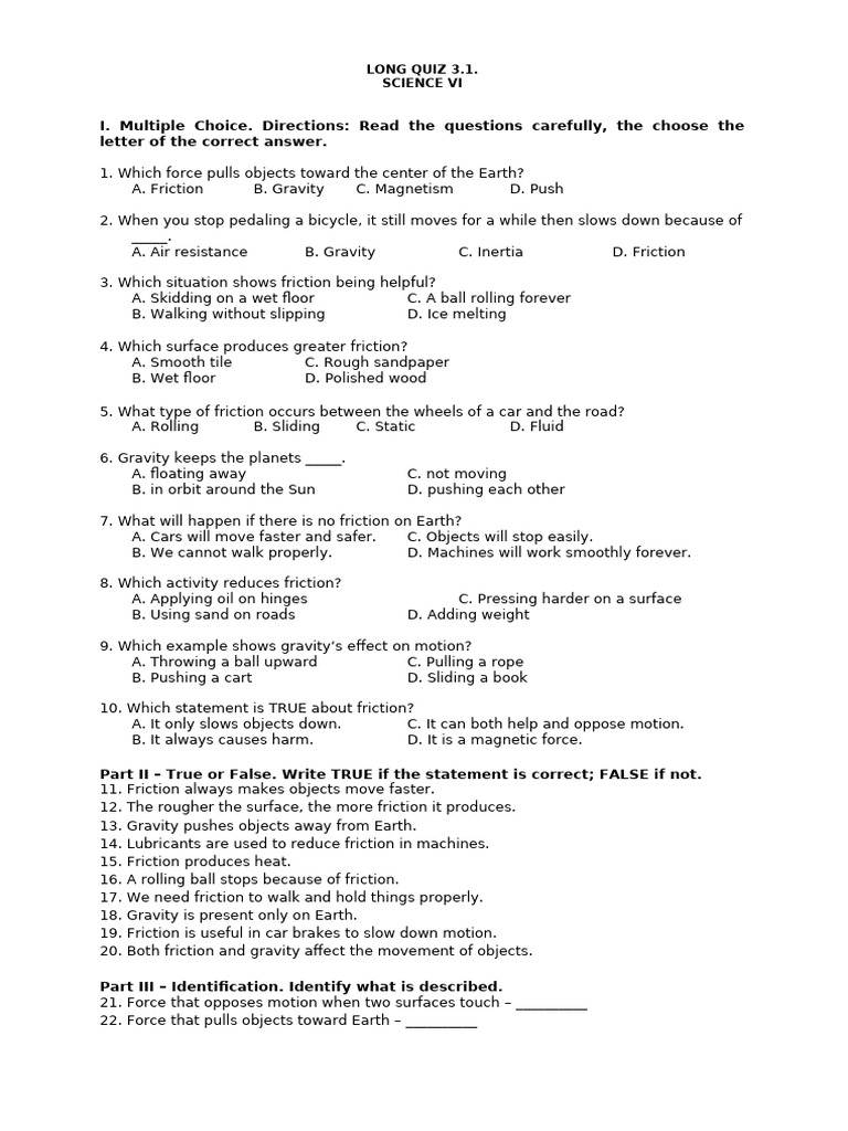 Science Quiz on Friction and Gravity | PDF | Friction | Force