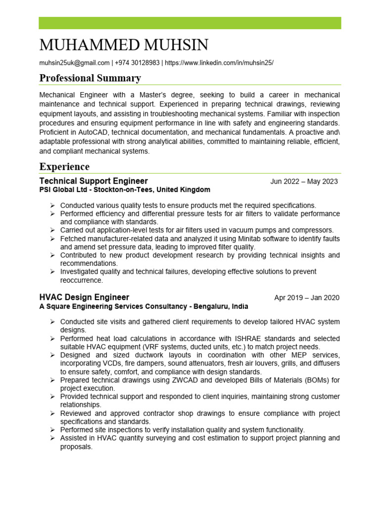 Mechanical Engineer Resume: HVAC & Support | PDF | Duct (Flow)