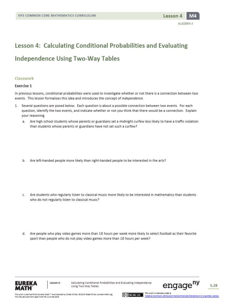 Algebra II m4 Topic a Lesson 4 Student | PDF | Mathematics | Probability