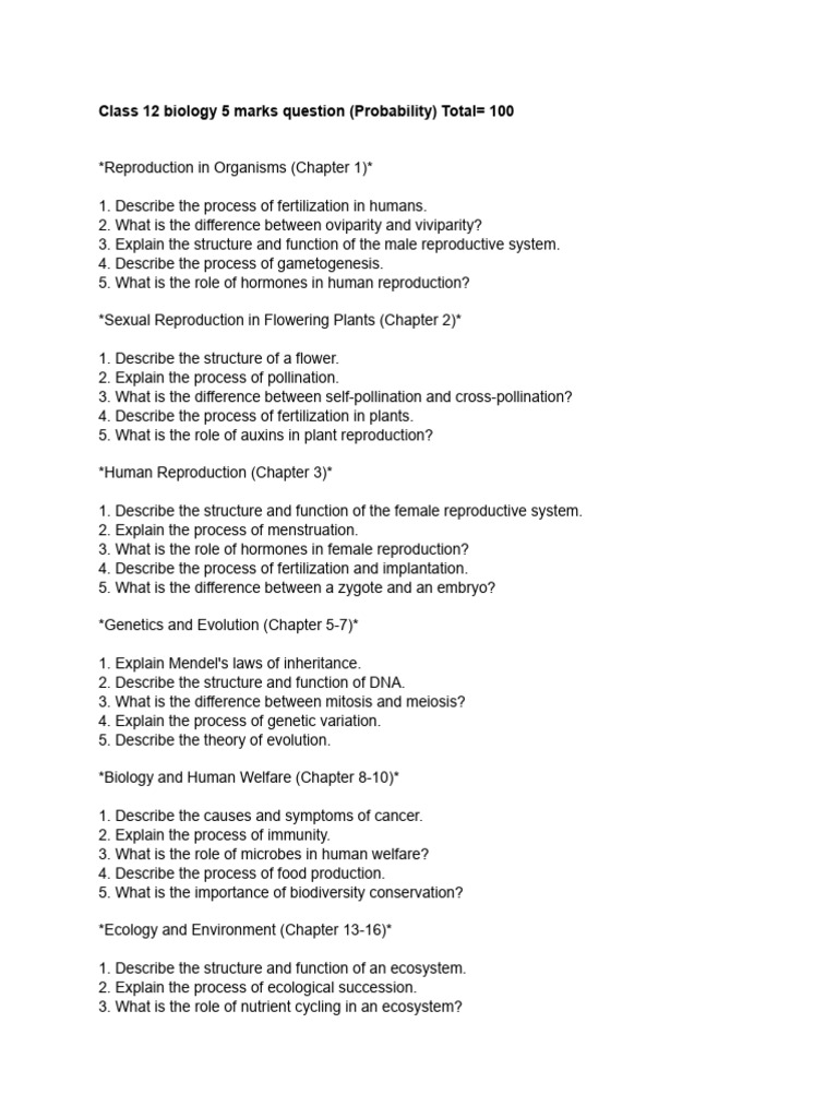 Class 12 Biology 5 Marks Question (Probability) Total= 100 | PDF ...