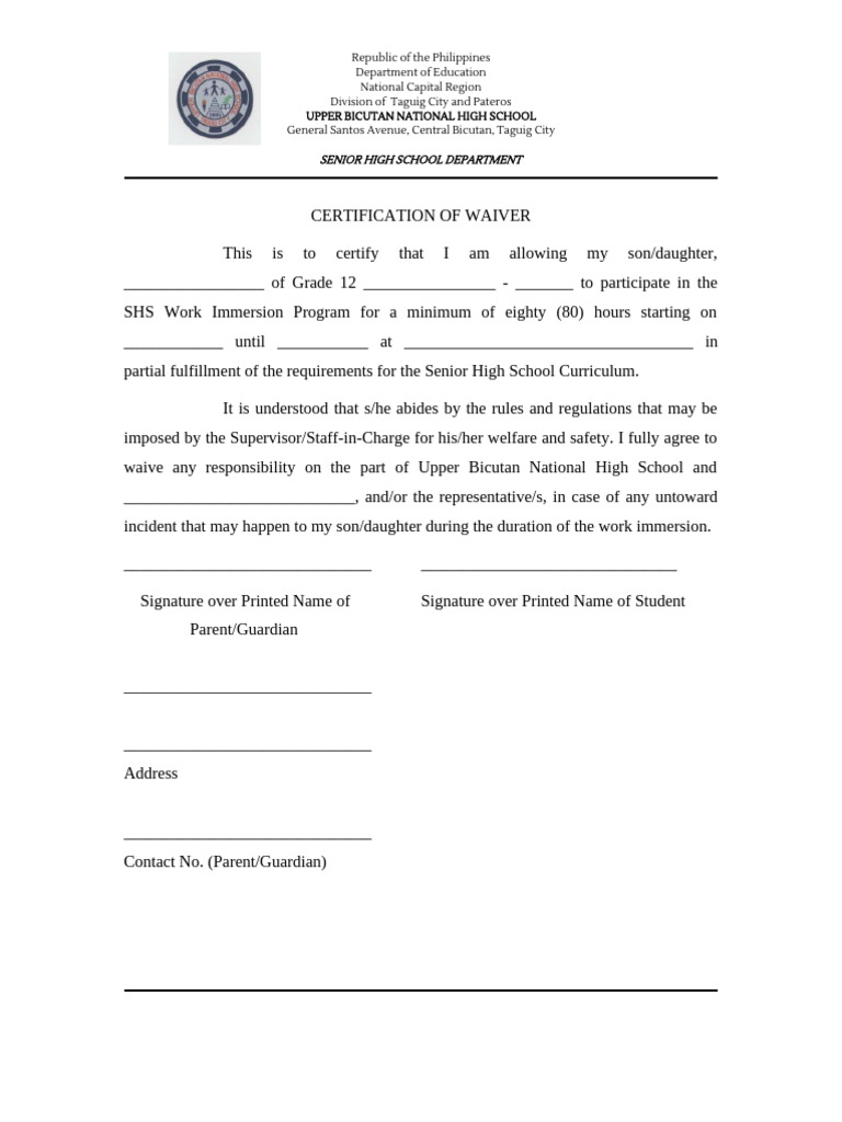 Work Immersion Parental Consent 2025 | PDF