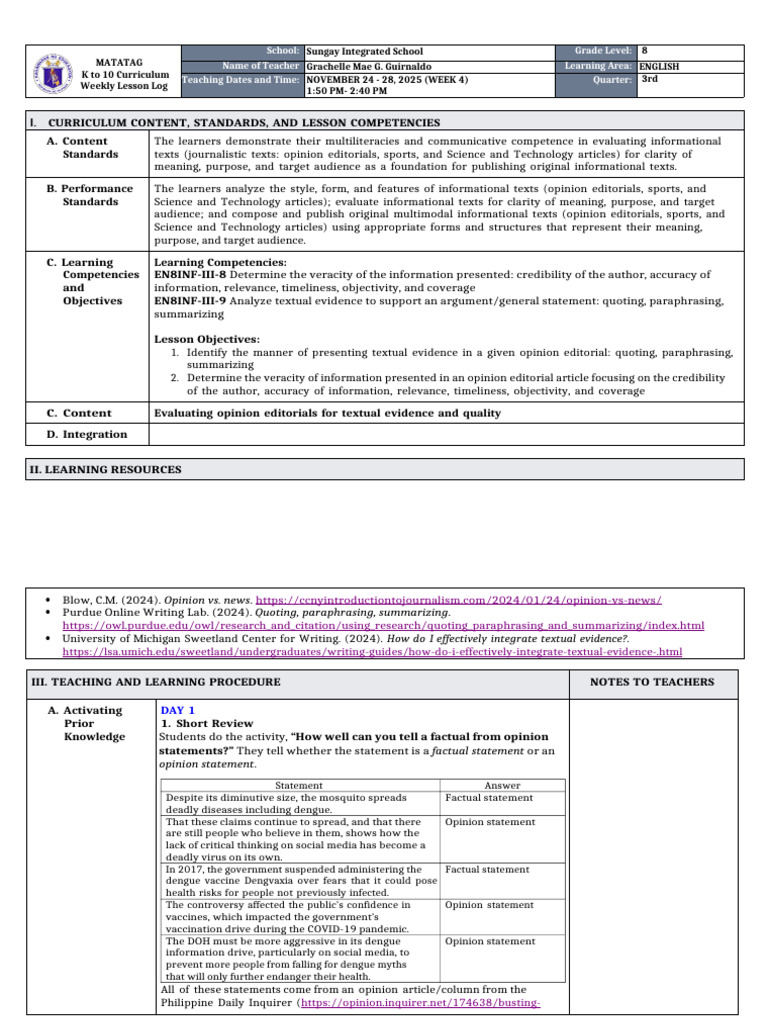 Weekly Lesson Log: Grade 8 English | PDF
