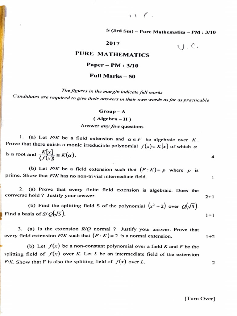 Pure Mathematics Exam: Field Extensions & PDEs | PDF | Field ...