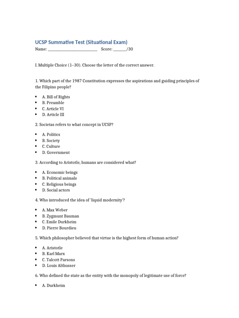UCSP Summative Test | PDF | Liberal Arts Education | Social Psychology
