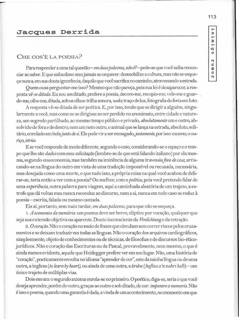 DERRIDA, Jacques (2001) Che cosè la poesia- | PDF | Morte | Poesia