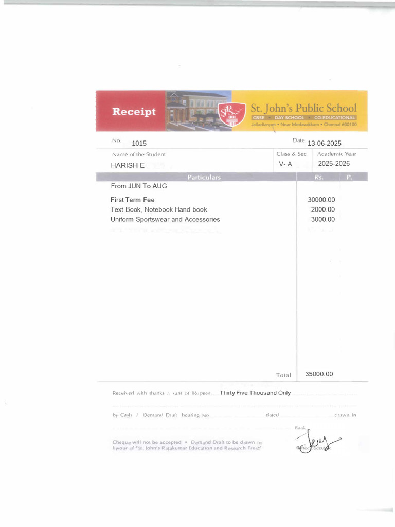 Student Fee Receipt for 2025-2026 | PDF