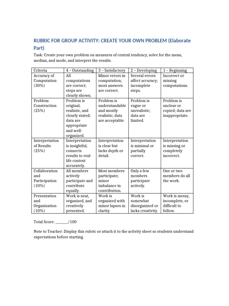 Group Activity Rubric: Central Tendency | PDF