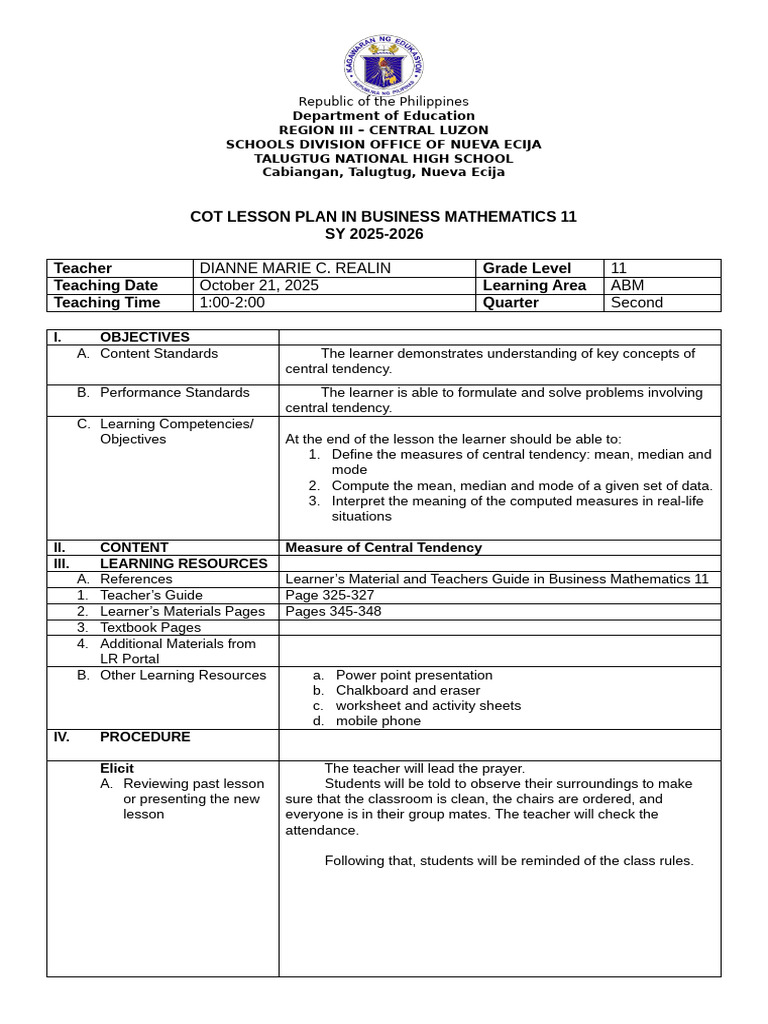 FINAL Updated COT Lesson Plan Business Math | PDF | Average | Learning