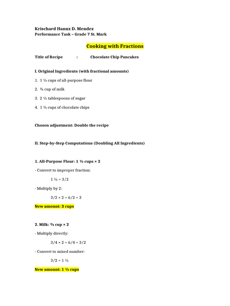 Cooking With Fractions Performance Task | PDF
