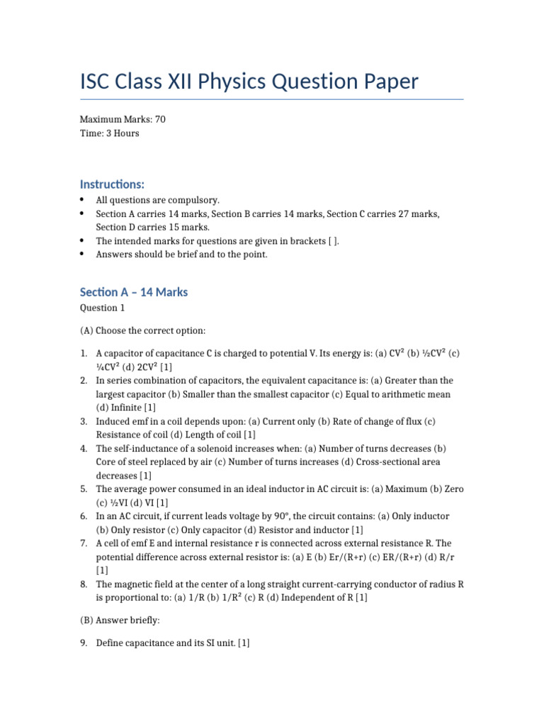 ISC Class XII Physics Exam Paper | PDF | Inductor | Inductance