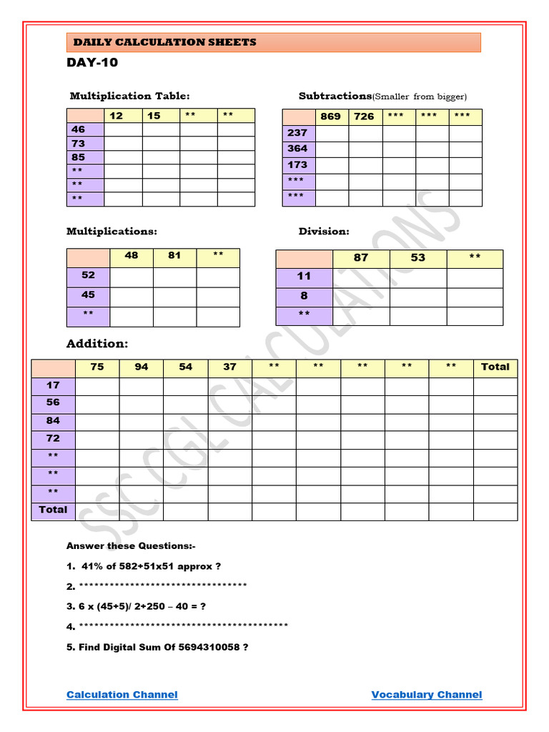 Day 10 Calculation Sheet Sample | PDF