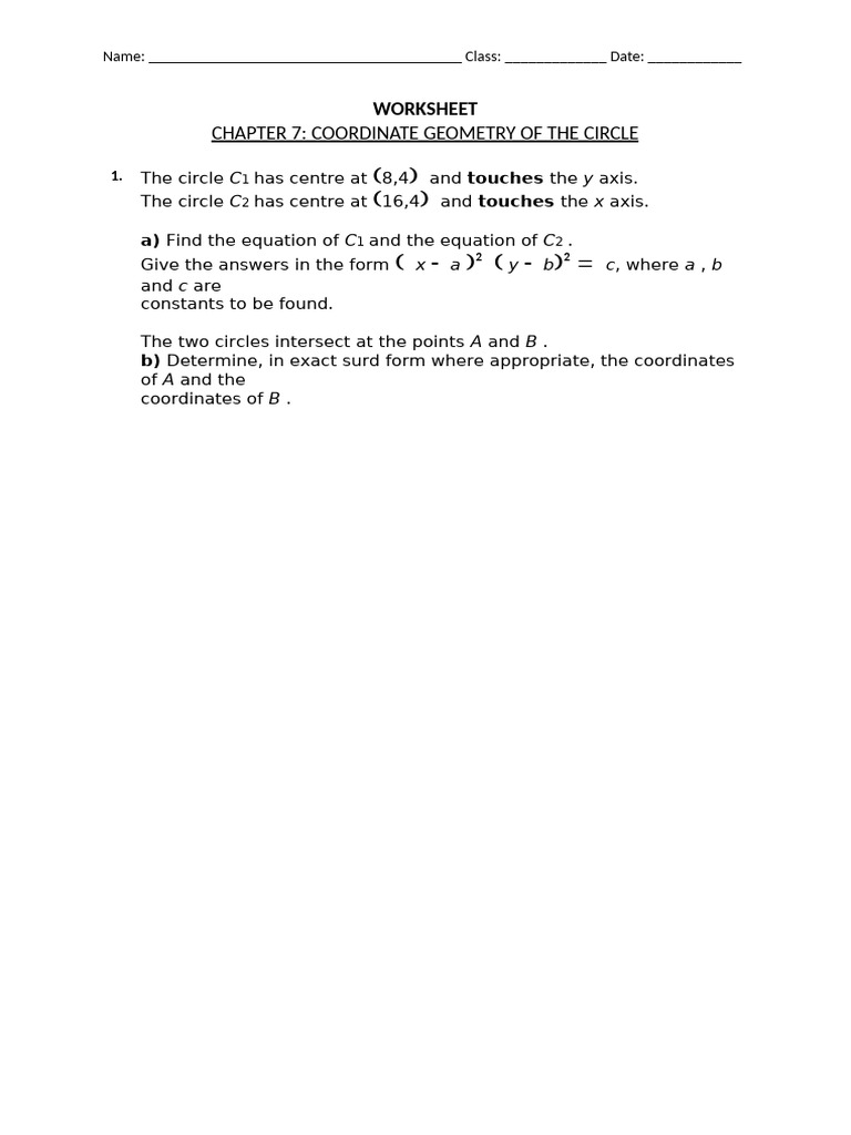 Coordinate Geometry of Circles Worksheet | PDF