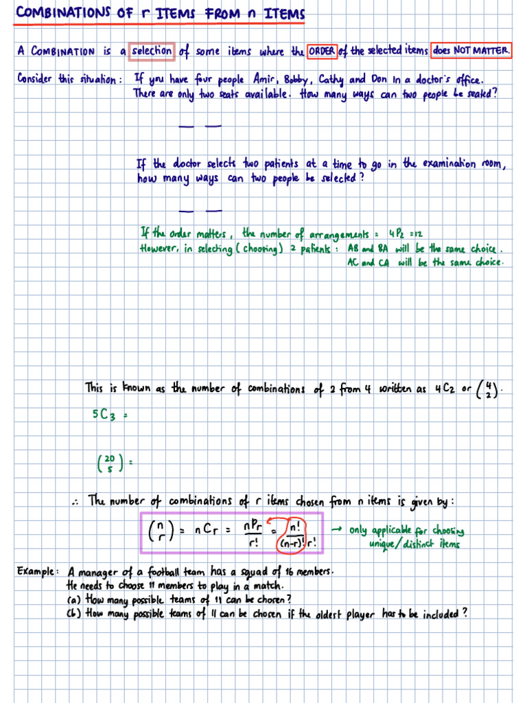 Combinations of r Items From n Items Handout 2025 | PDF