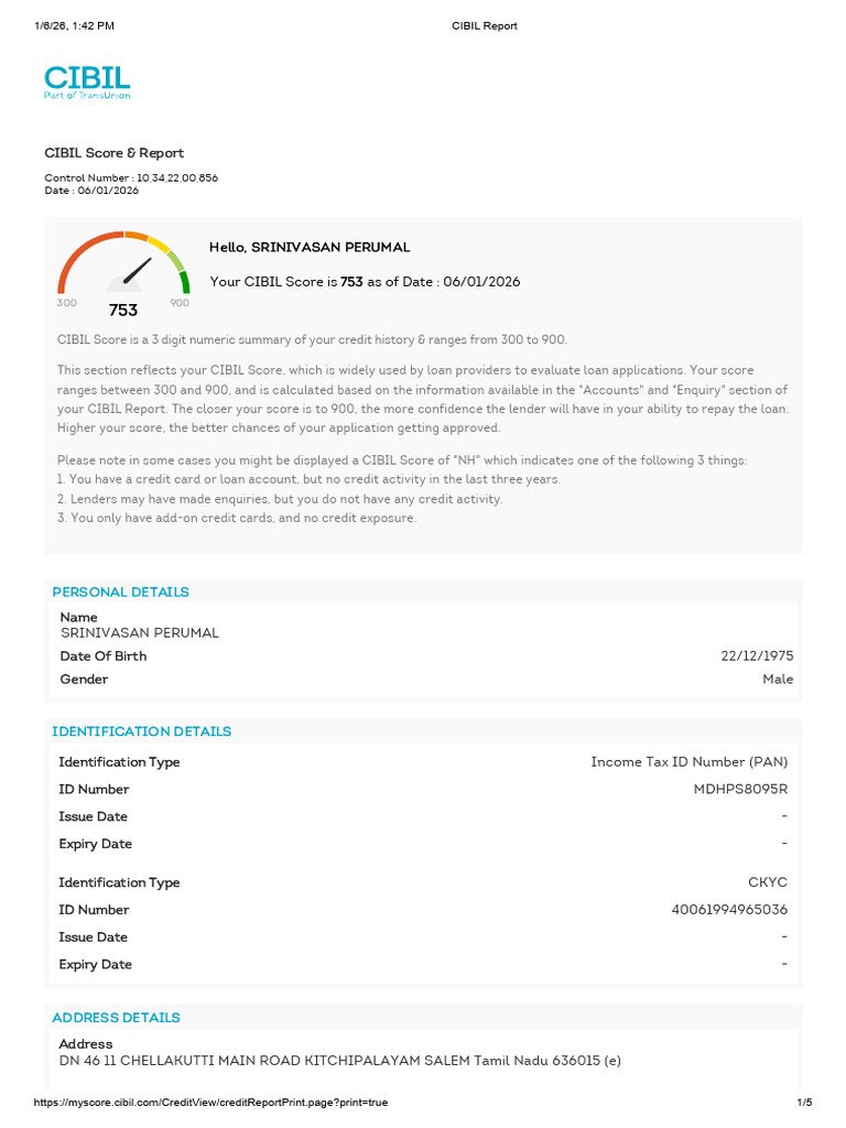 CIBIL Score Report for Srinivasan Perumal | PDF | Credit | Finance ...