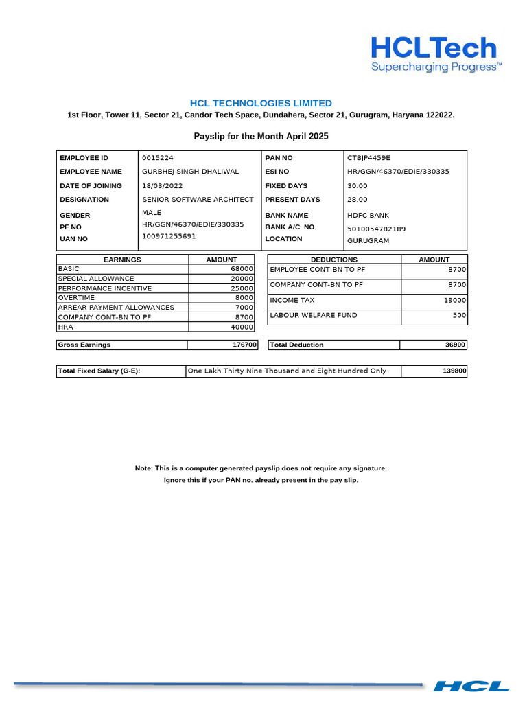 April 2025 Payslip for HCL Employee | PDF