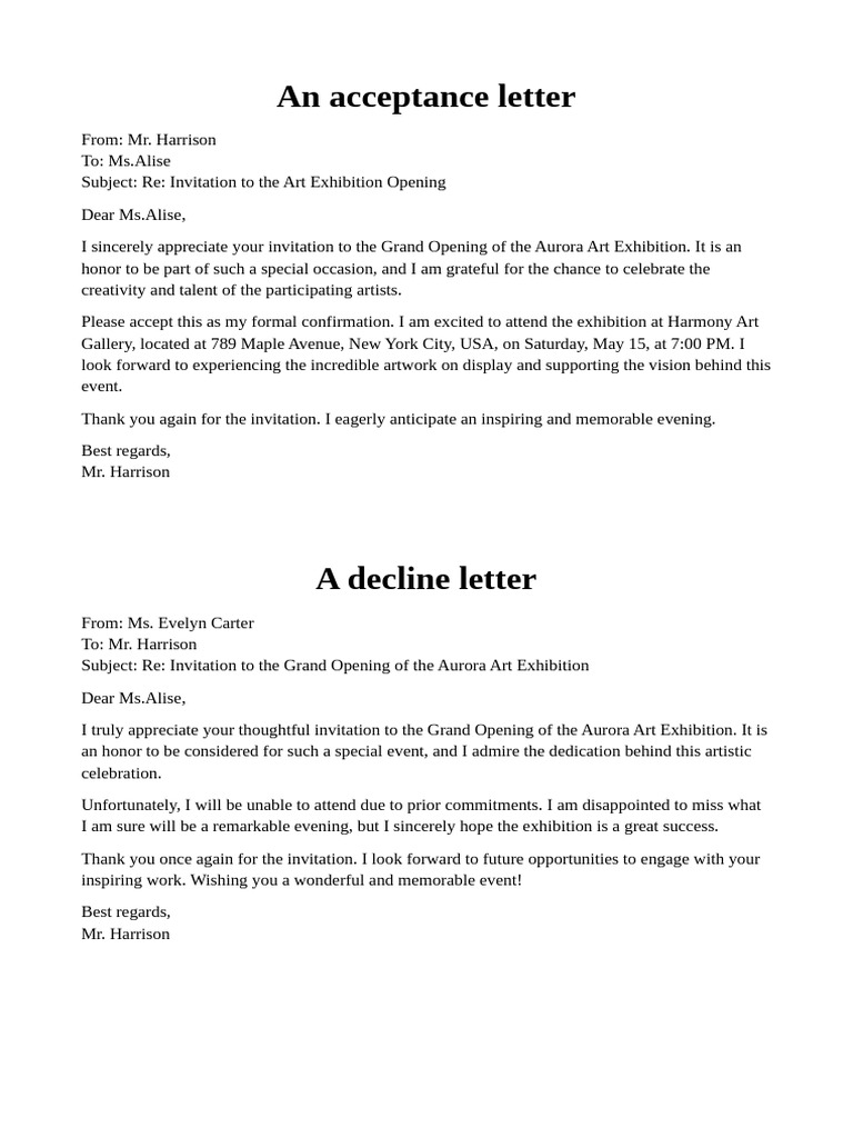 Acceptance and Decline Letters for Art Exhibition | PDF