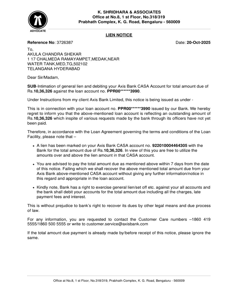 Lien Notice for Axis Bank Loan Default | PDF