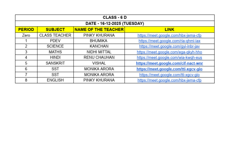 Class 6 -d Online Links (16!12!2025) - Google Sheets | PDF