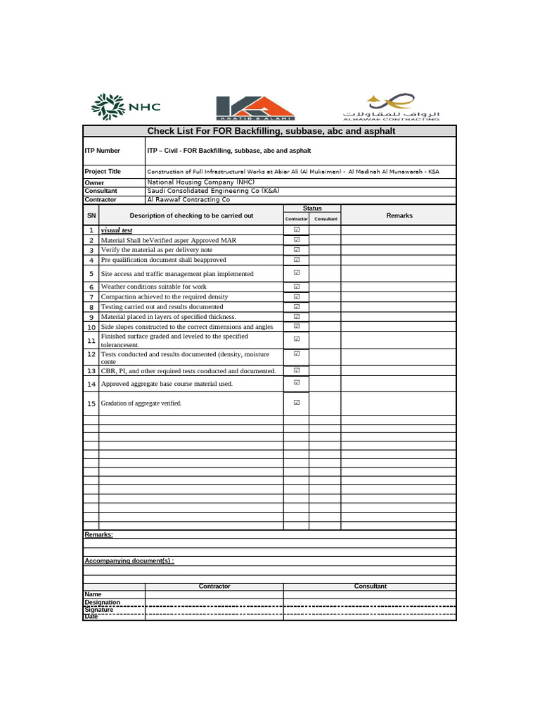 Backfilling and Asphalt Checklist KSA | PDF