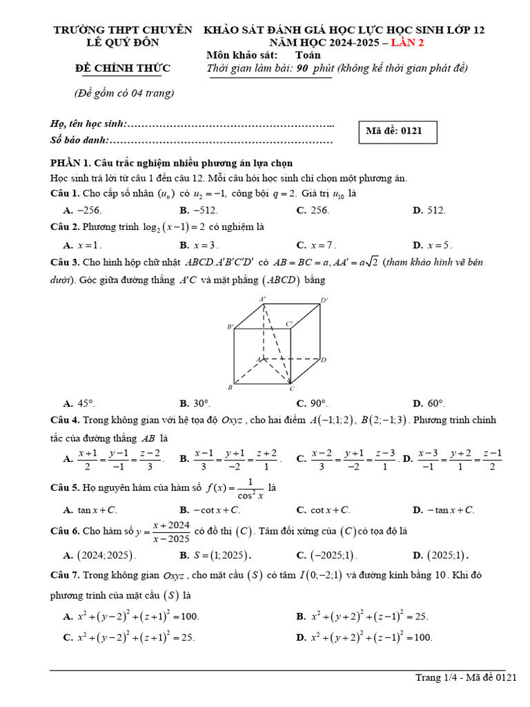 De Khao Sat Toan 12 Lan 2 Nam 2024 2025 Truong Chuyen Le Quy Don Binh Dinh Pages | PDF