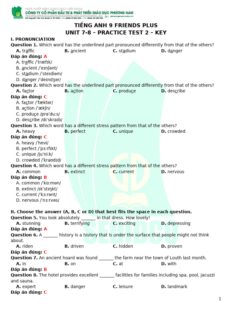Tiếng Anh 9 Friends Plus - Review 7-8 - Practice Test 2 KEY | PDF | Hue