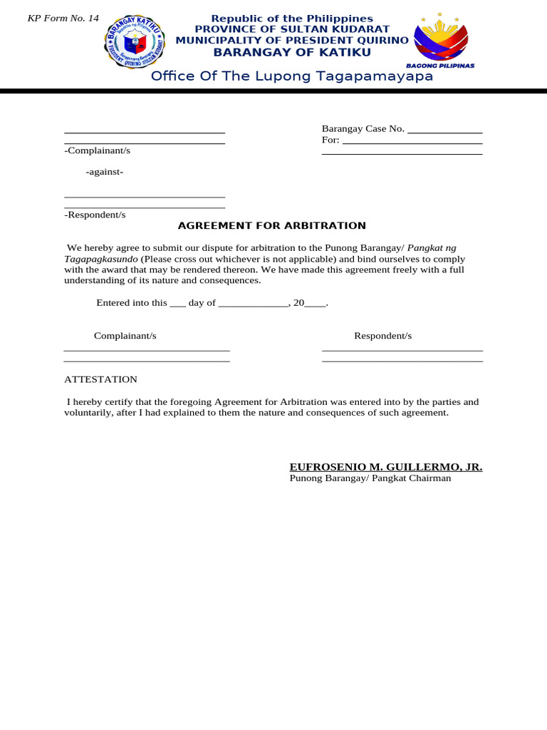 KP Form No.14 Agreement For Arbitration | PDF