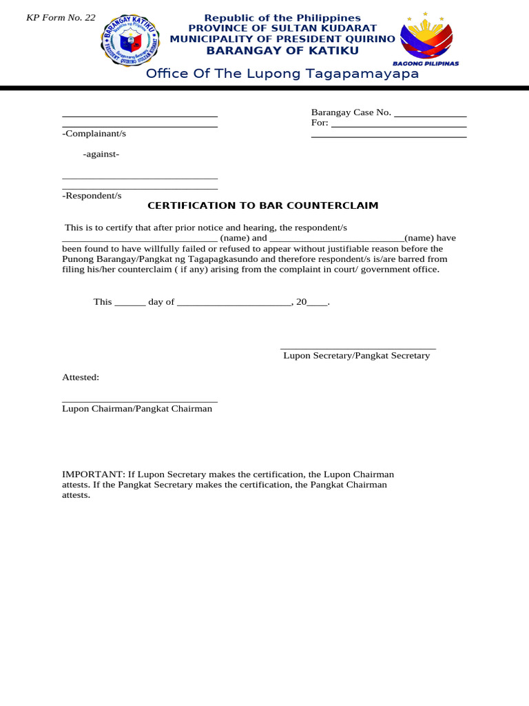 Certification to Bar Counterclaim Form | PDF
