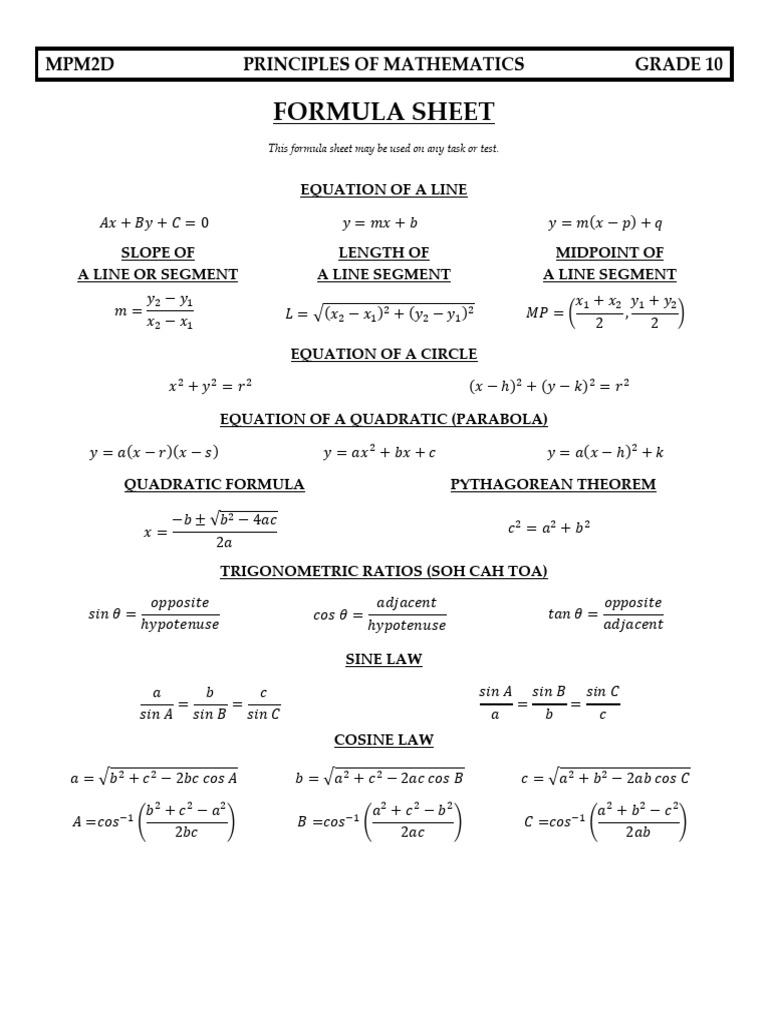 MPM 2D Formula Sheet | PDF | Trigonometric Functions | Quadratic Equation