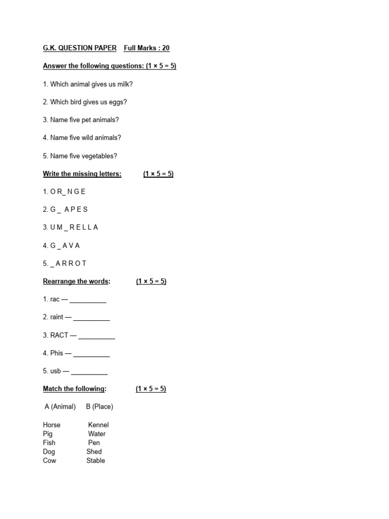 G.K. Question Paper for Kids | PDF