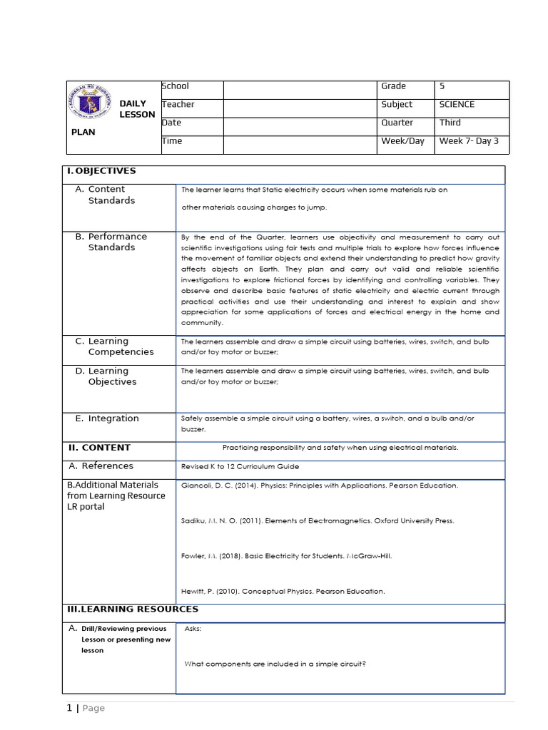 Science 5 Dlp q3 w7 d3 | PDF | Force | Switch