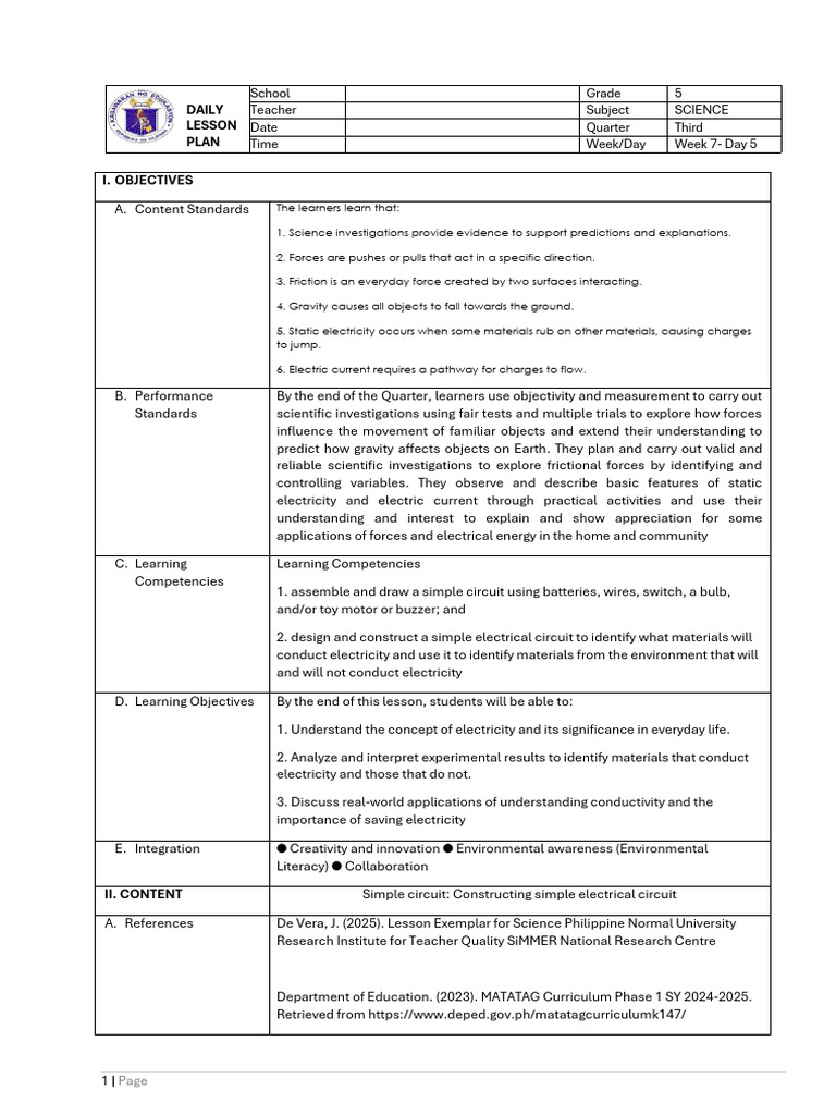 Science 5 Dlp q3 w7 d5 | PDF | Force | Electricity