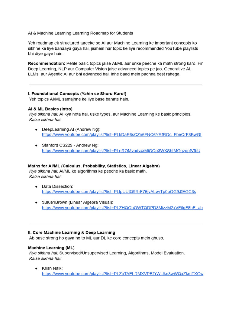 AI & Machine Learning Learning Roadmap for Students | PDF | Artificial Intelligence ...