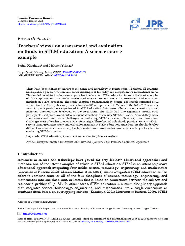 Teachers' Views On Assessment and Evaluation Methods in STEM Education ...