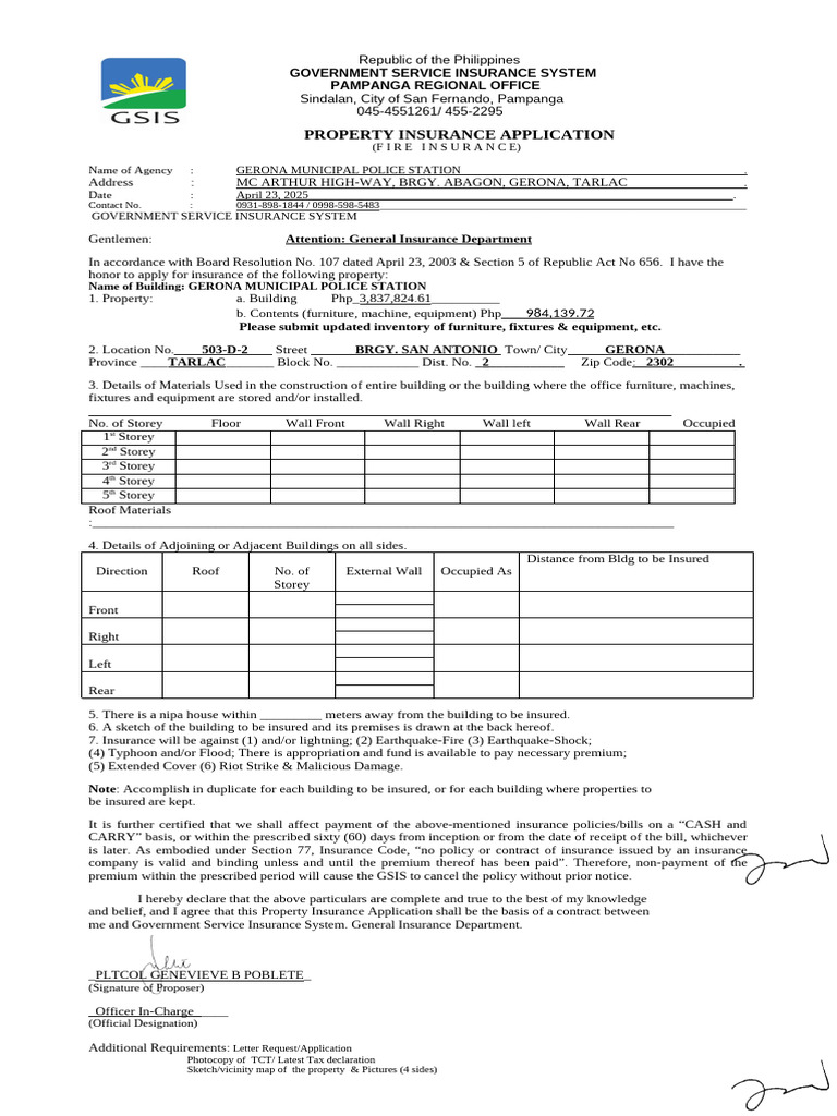 Gerona Municipal Police Station Insurance Application | PDF | Insurance