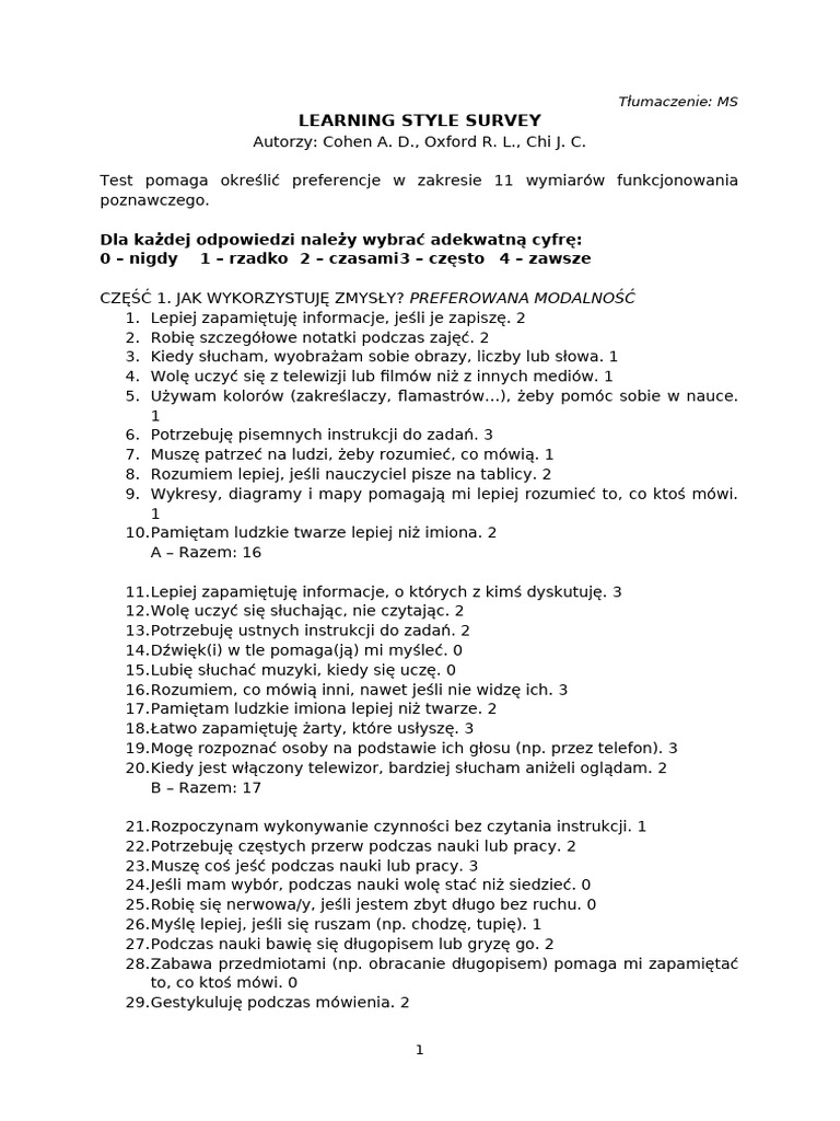 Learning Style Survey Pol Do Zrobienia | PDF
