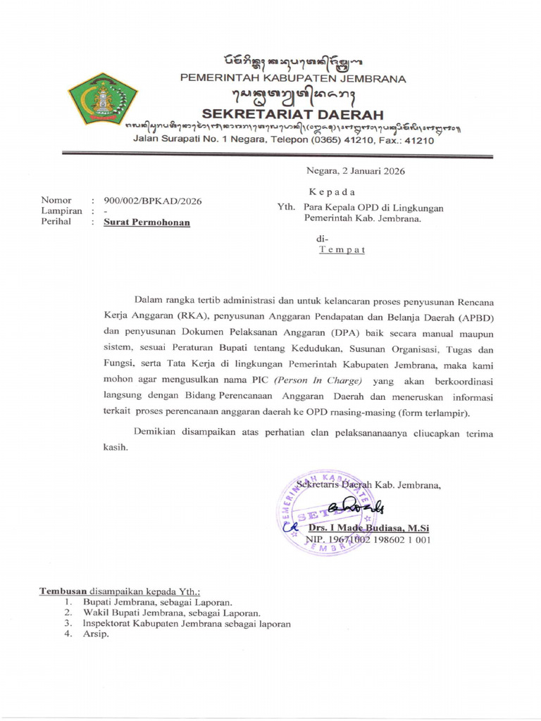 Surat Permohonan PIC Proses Penganggaran | PDF