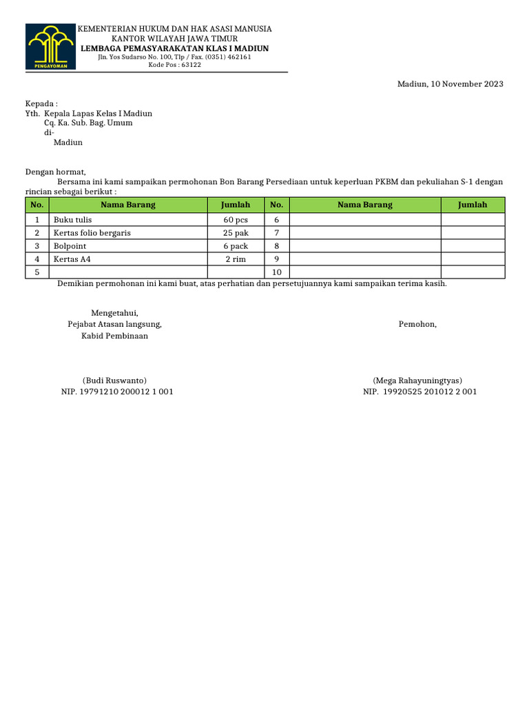 Permohonan Bon Barang Persediaan Lapas | PDF